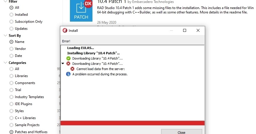 Ошибка установки патча RAD Studio 10.4 через GetIt Package Manager