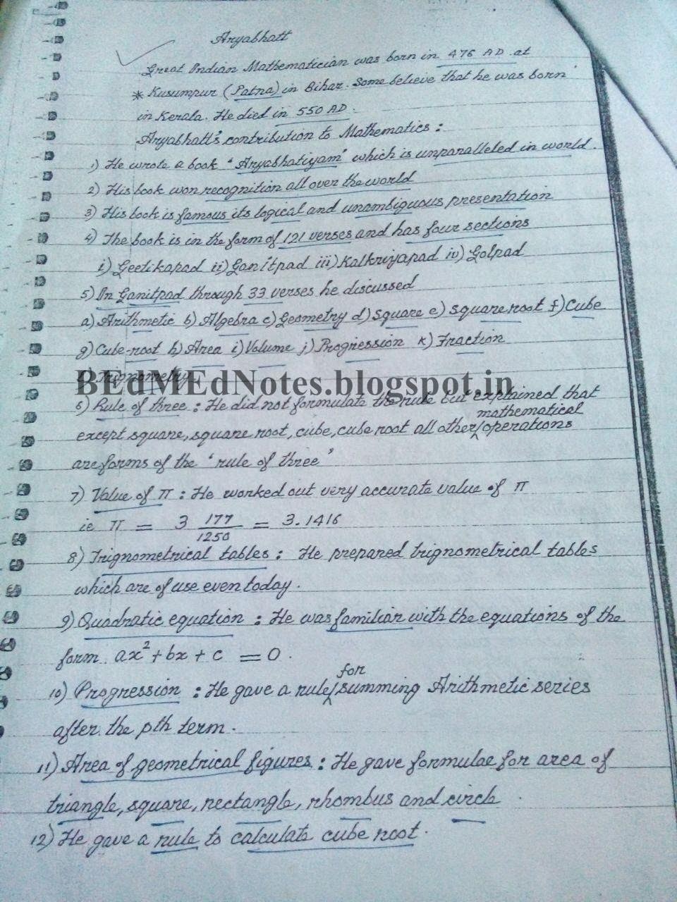 BEdMEdnotes: MATHEMATICANS NOTES - ARYABHAT,RAMANUJAM AND ECULIDS