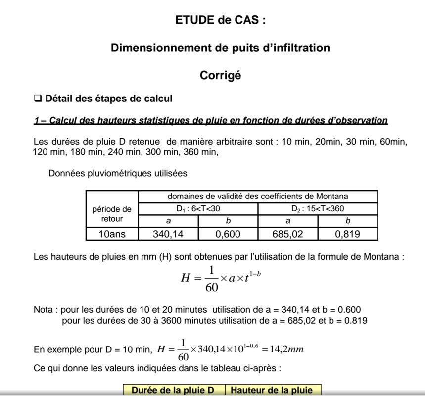 Exercice corrigé : Dimensionnement d’un puits d’infiltration