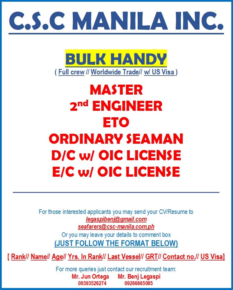 Ordinary Seaman, Deck Cadets, Engine Cadets For Bulk Carrier Ships ...