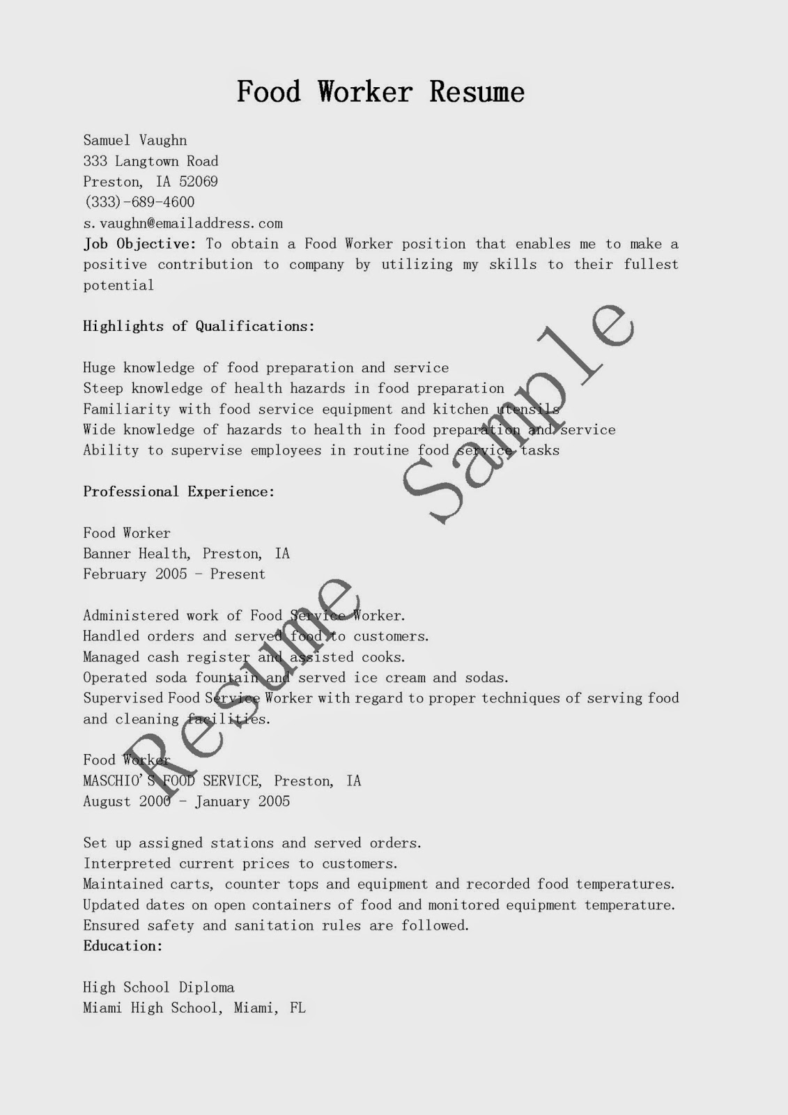 Resume Samples: Food Worker Resume Sample