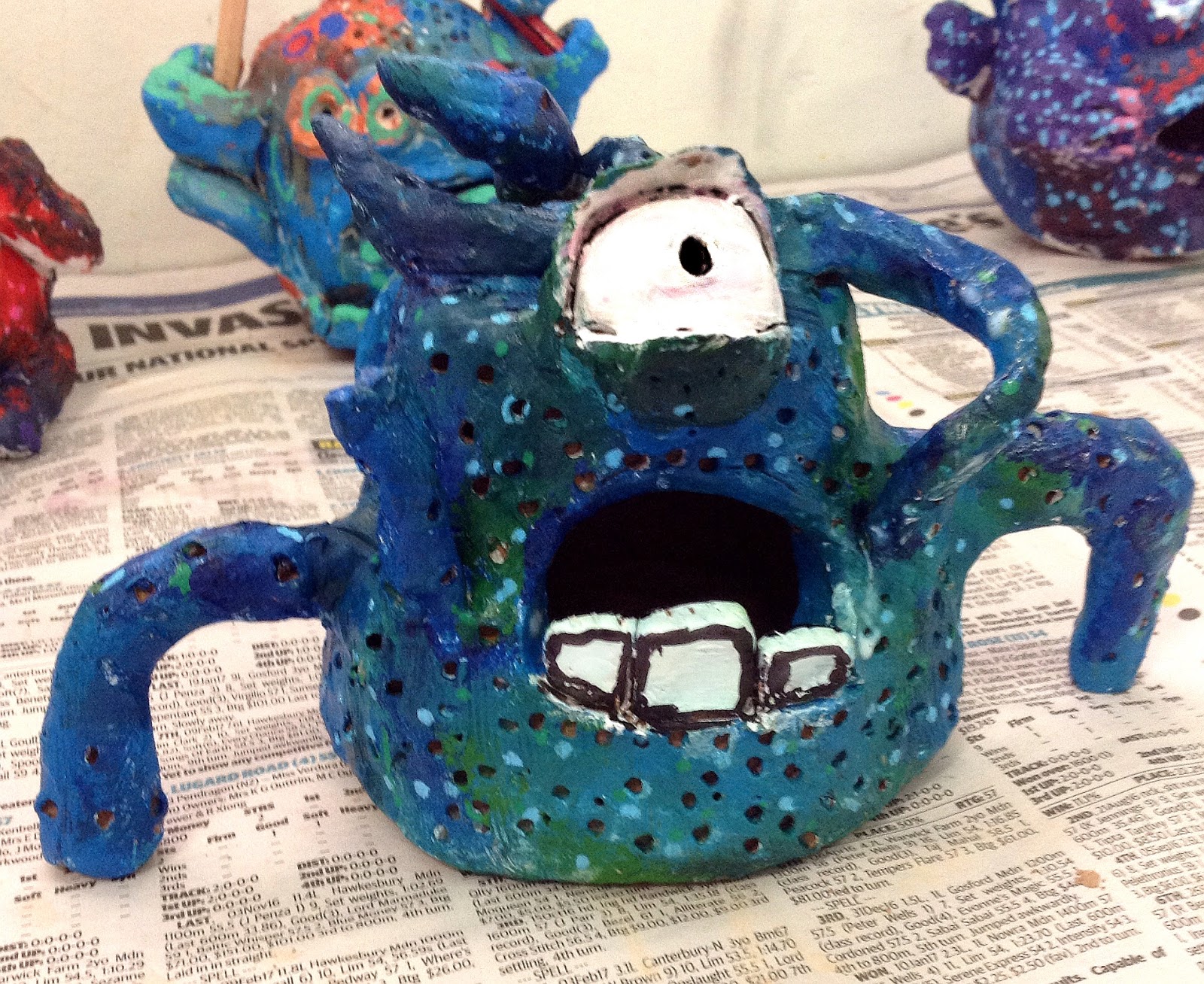 STUDENT WORK - PAINTED PINCH POT MONSTER Year 4