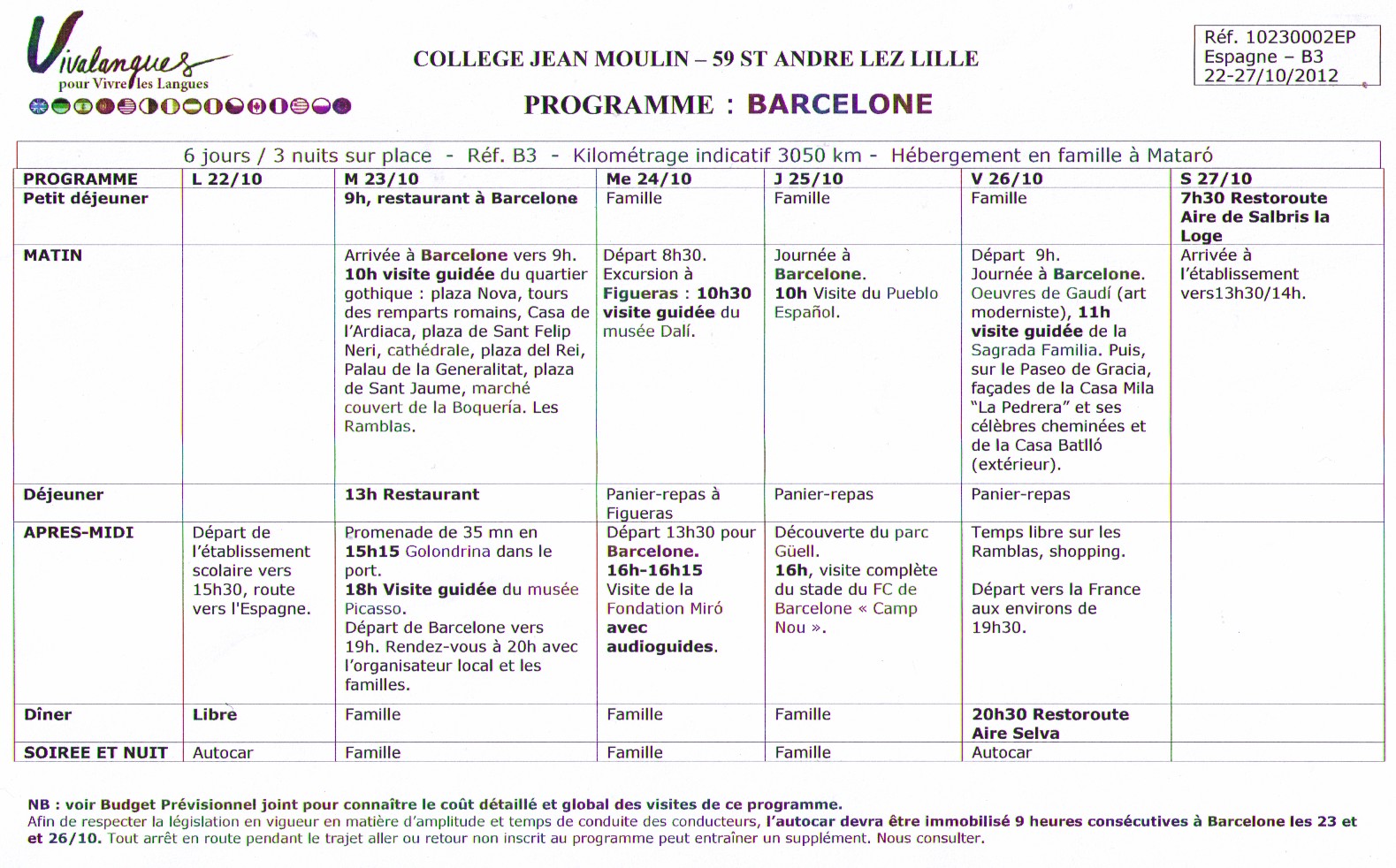 BIENVENUE AU COLLEGE JEAN MOULIN: Programme du voyage en Espagne