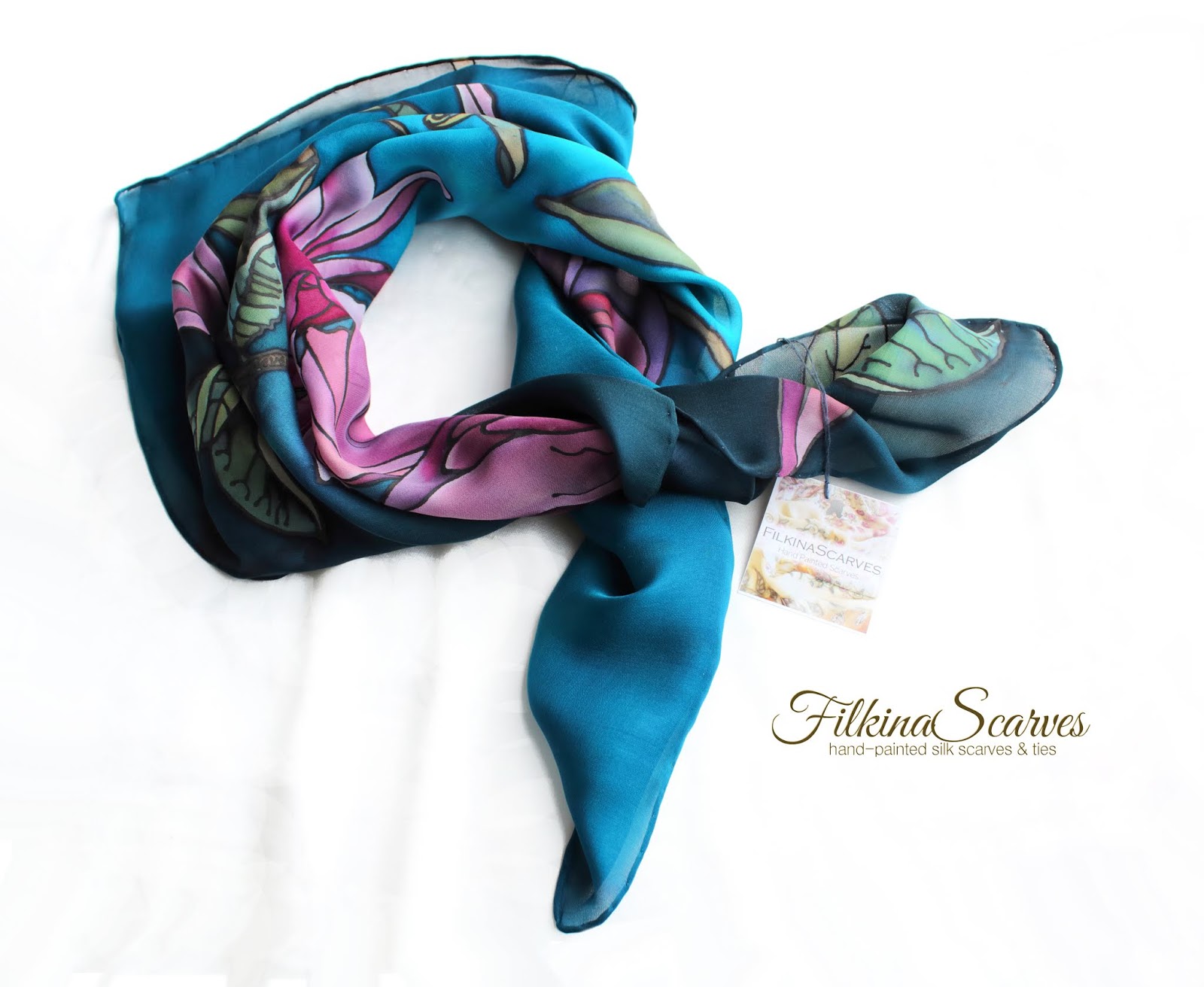 OOAK Petroleum handpainted small Square neck scarf Silk chiffon floral ...