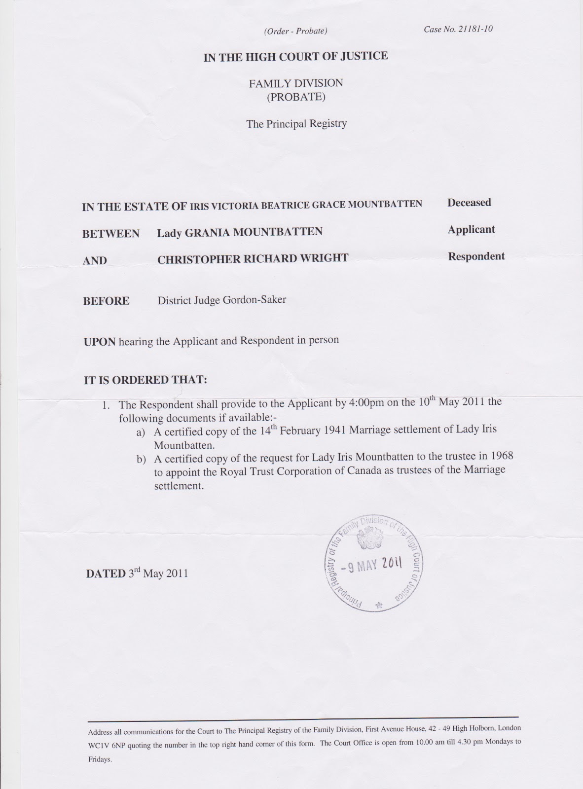 LADY GRACE'S JOURNAL: PROBATE - IN THE ESTATE OF LADY IRIS MOUNTBATTEN