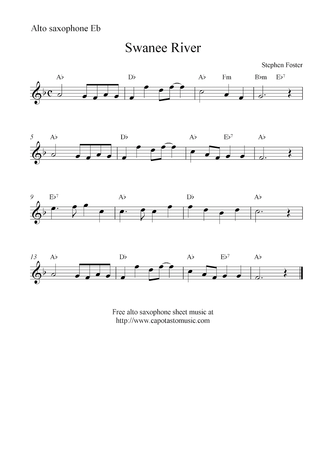 Easy Sheet Music For Beginners: Swanee River, free alto saxophone sheet ...