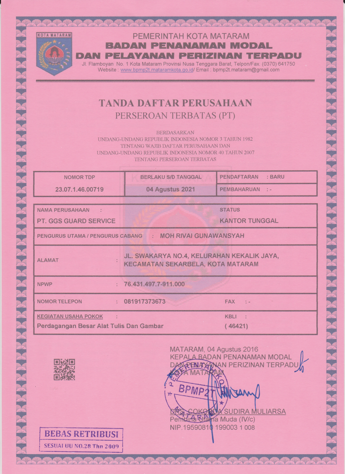 LEGALITAS PERUSAHAAN PT. GGS GUARD SERVICE - GGS Guard Service Mataram