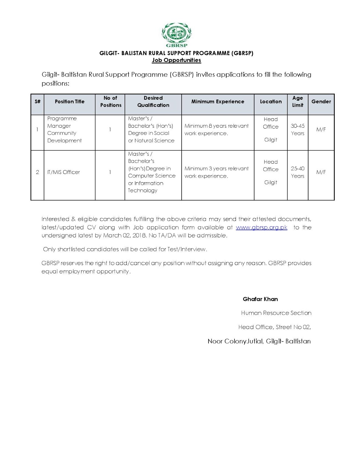 Gilgit-Baltistan Rural Support Programe (GBRSP) invites Application ...