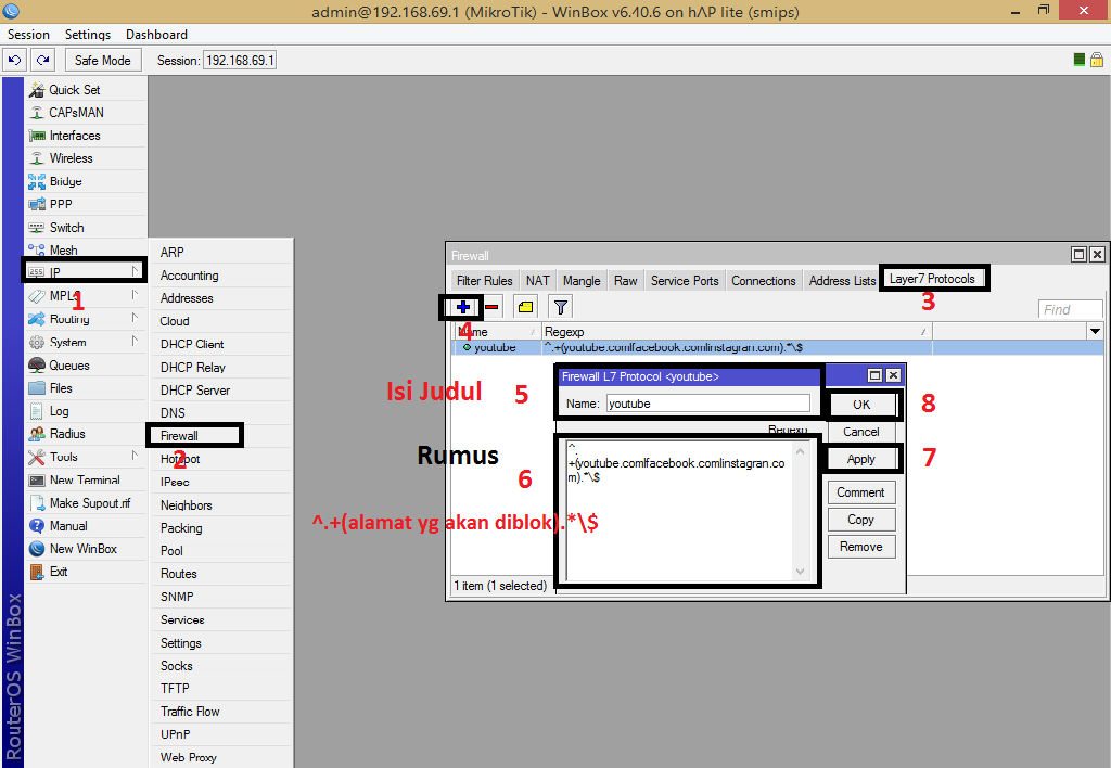 Cara Blok Situs di Mikrotik Aplikasi Winbox ( Layer 7 Protocols - Web Proxy - Mangle ~ CEMACEM299