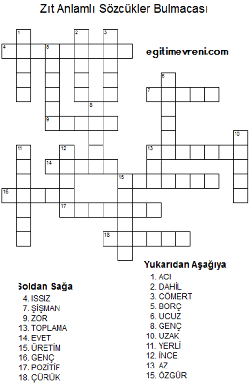 Çengel Bulmaca Zıt Anlamlı Sözcükler - Aktif Sınıf