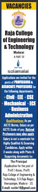 Raja College of Engineering and Technology, Madurai, Wanted Professor ...