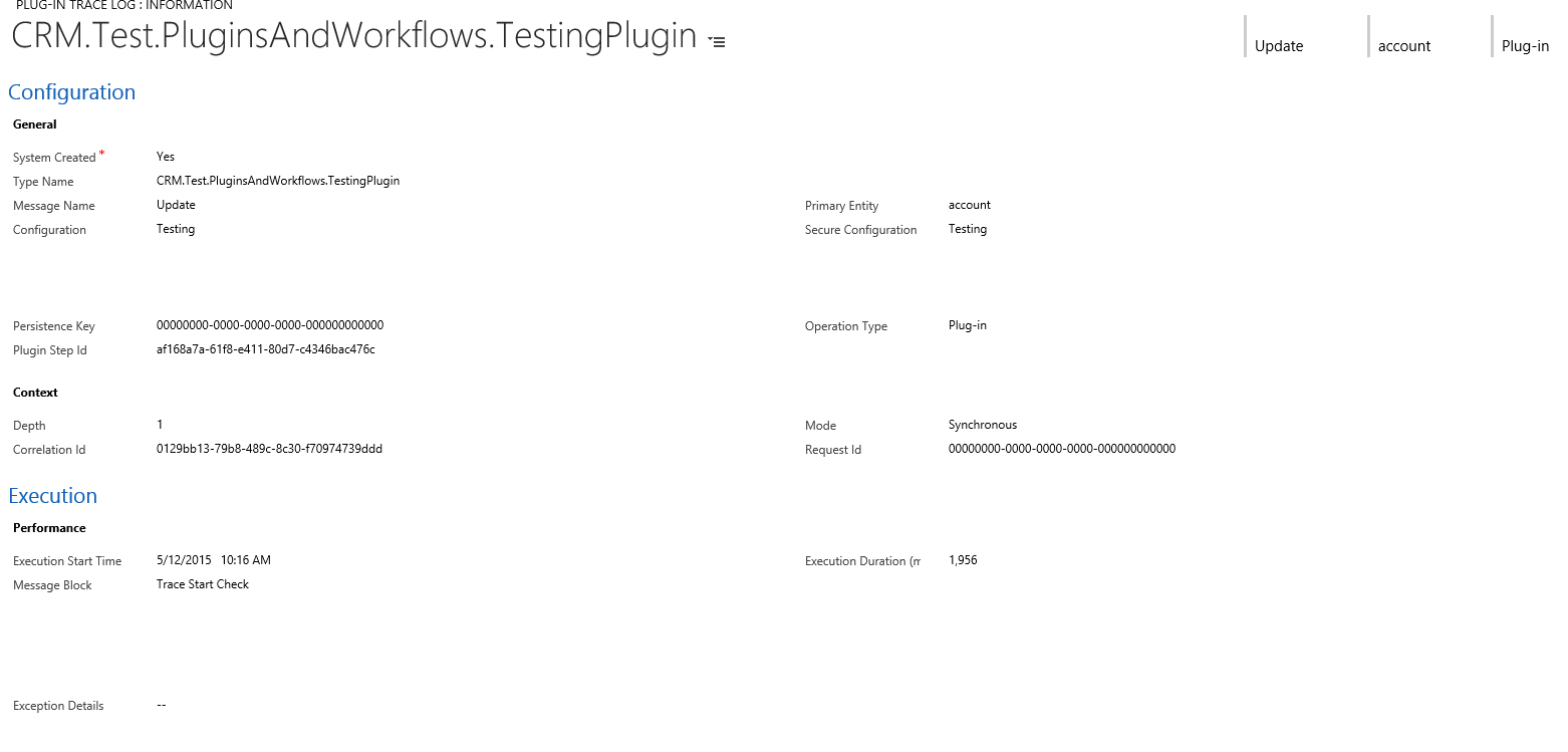 Dynamics 365 Customer Engagement: CRM 2015 Update 1 - Plugin Trace Log