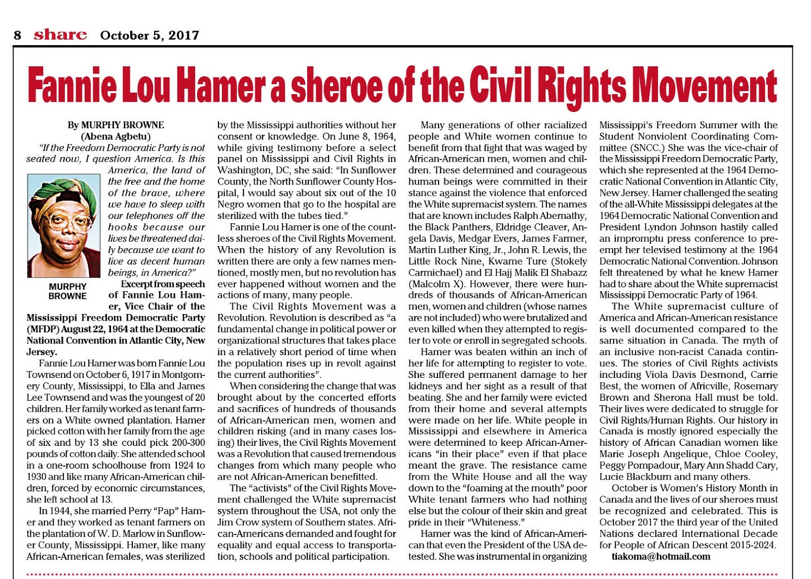 WORDS FROM MURPHY BROWNE: FANNIE LOU HAMER OCTOBER 6-1917