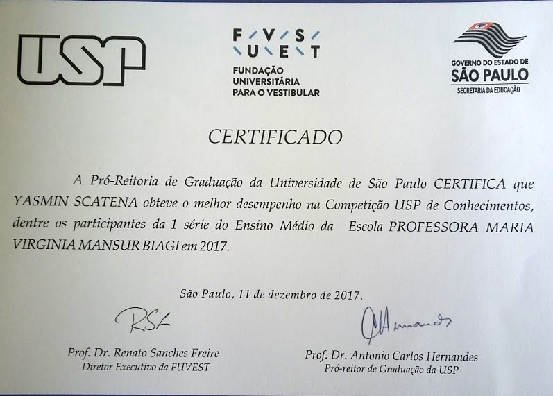 E. E. Profª Maria Virgínia Mansur Biagi: Aluna do Ensino Médio é certificada por desempenho na USP