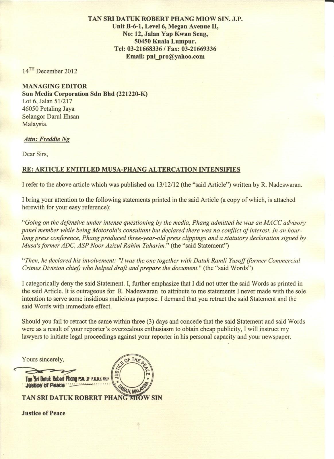 Straight Talk 實話直說: Statement by Tan Sri Robert Phang on the article by ...