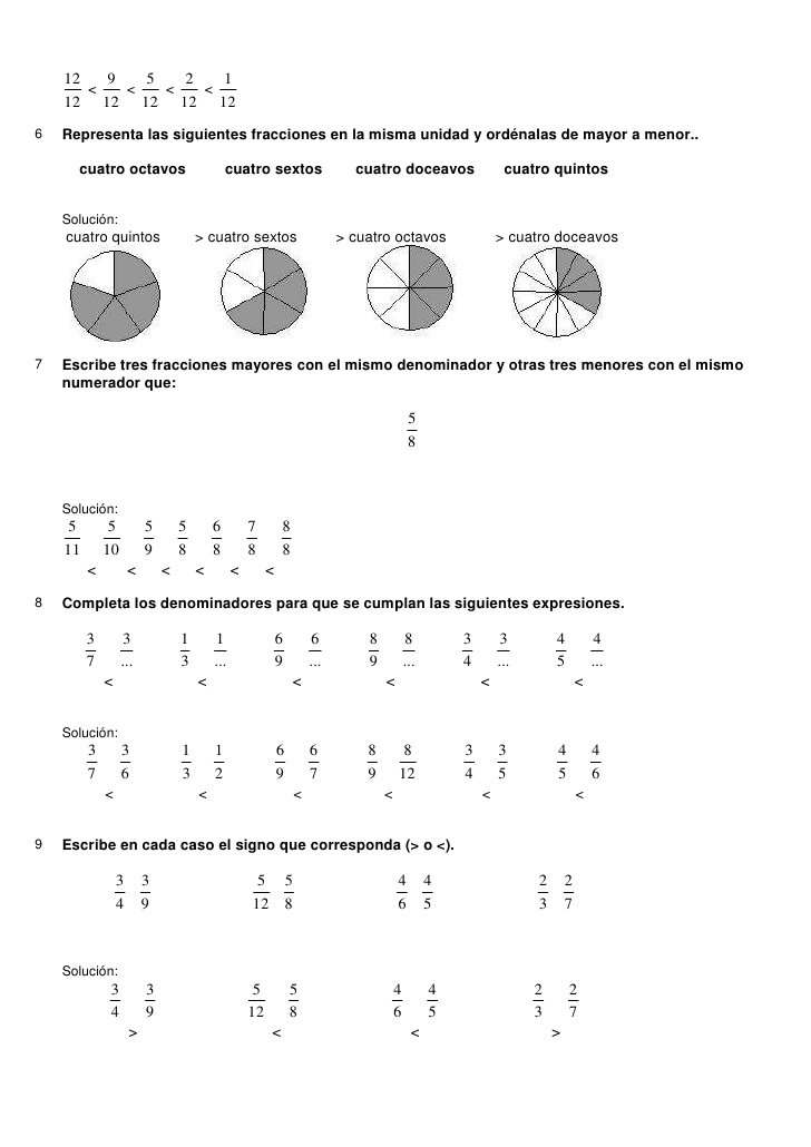 5º Educación Primaria: ordenación de fracciones