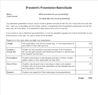 Mr. Barnhill's History Class: President's Project Rubric