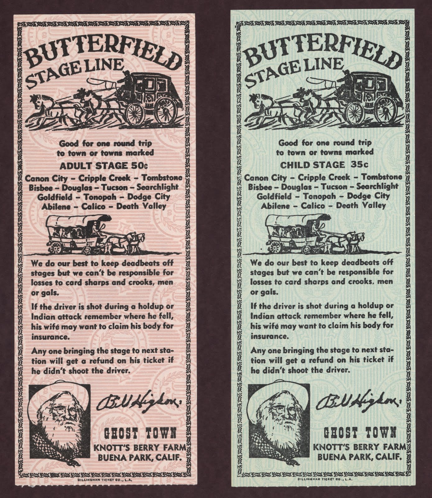 Vintage Disneyland Tickets: Knott's Butterfield Stage Line Tickets