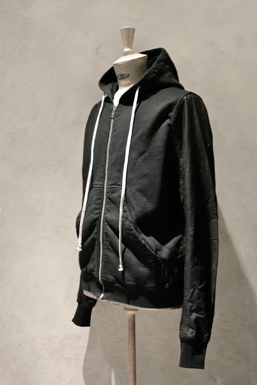 RICK OWENS DRKSHDW ZIP UP HOODIE WITH LEATHER SLEEVES