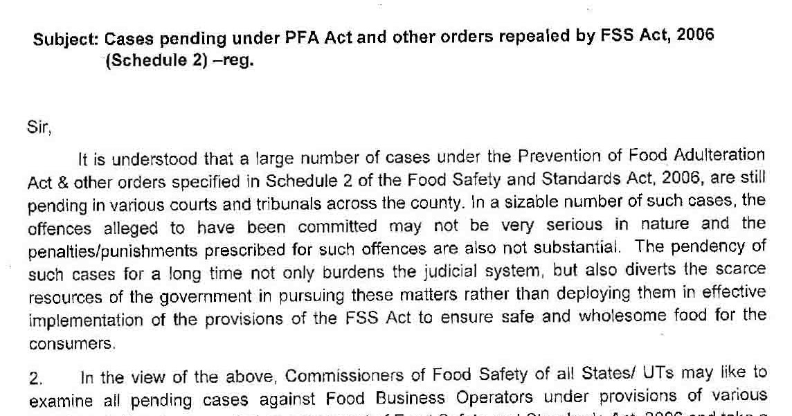 FOOD SAFETY LATEST: Order - Cases pending under PFA Act