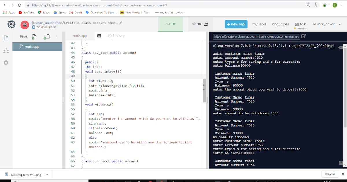 Create a class account that stores customer name, account number and ...