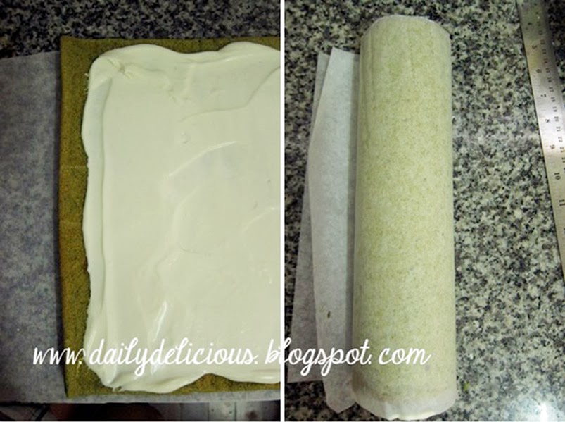 dailydelicious: Soft Green tea Roll with White chocolate cream filling