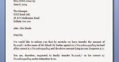 Wrong Payment Correction Request Letter to Bank