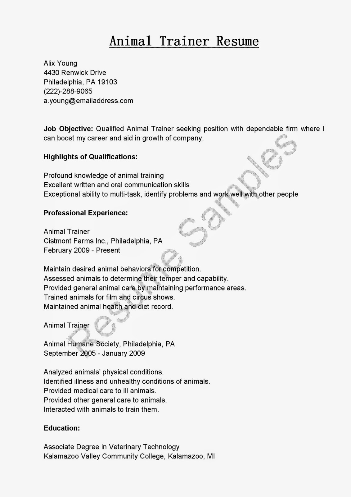 Resume Samples: Animal Trainer Resume Sample