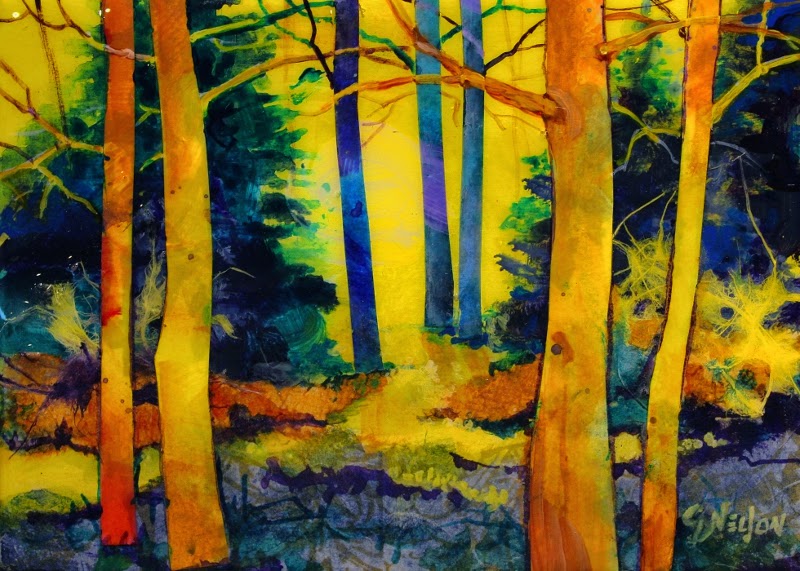 Daily Painters Abstract Gallery: "Sunny Day" mixed media tree landscape ...