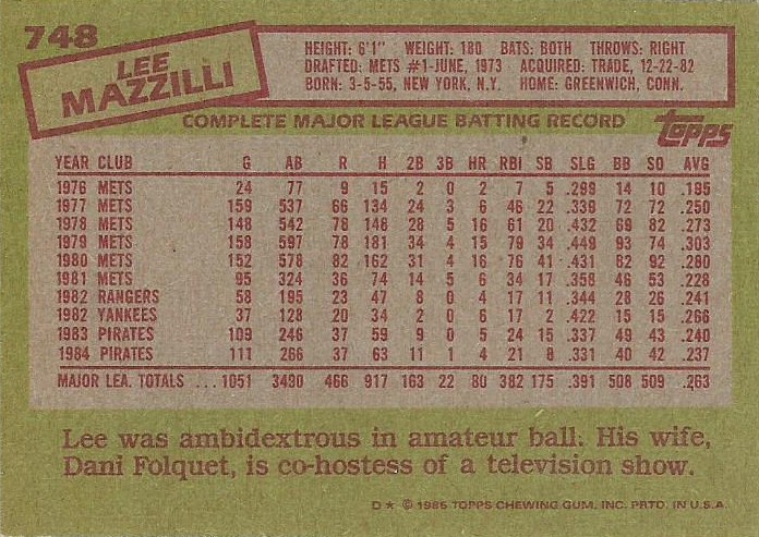 1985 Topps 748 Lee Mazzilli