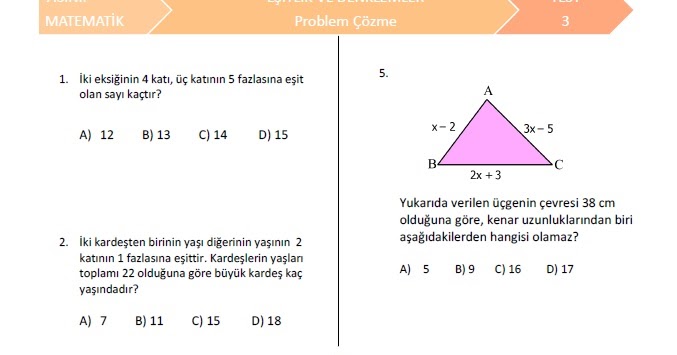 7 Sinif Problem ÇÖzme Test Test Matematik