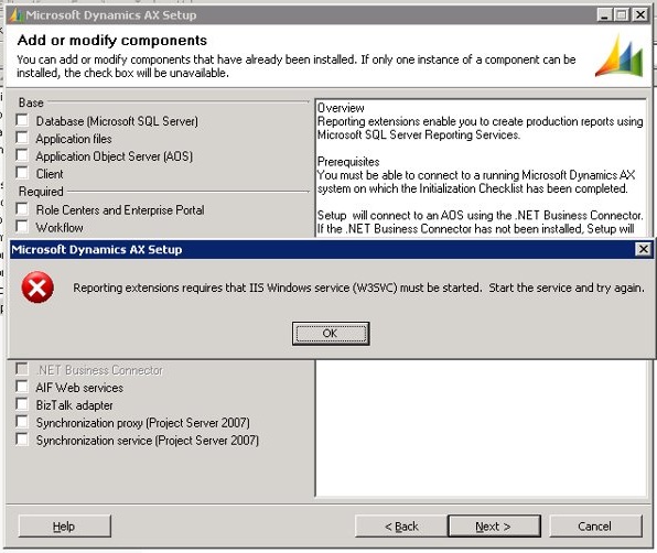W3SVC Error During Reporting Extension installation in MSD axapta
