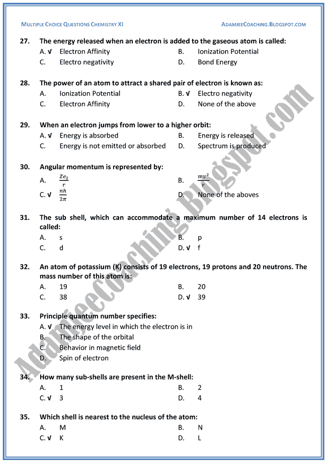 Adamjee Coaching: XI Chemistry MCQs - Atomic Structure