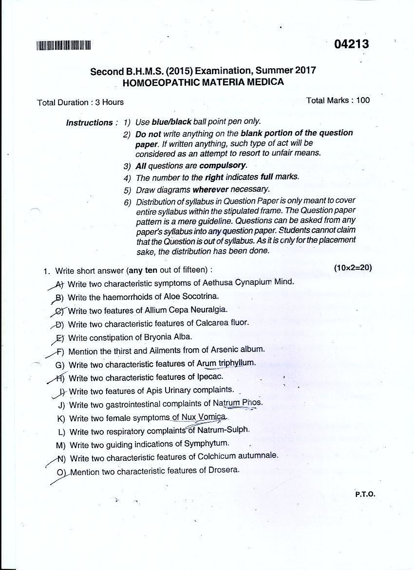 The Ultimate Medical Student Helper: HOMOEOPATHIC MATERIA MEDICA (HMM ) 2nd BHMS MUHS Question Paper