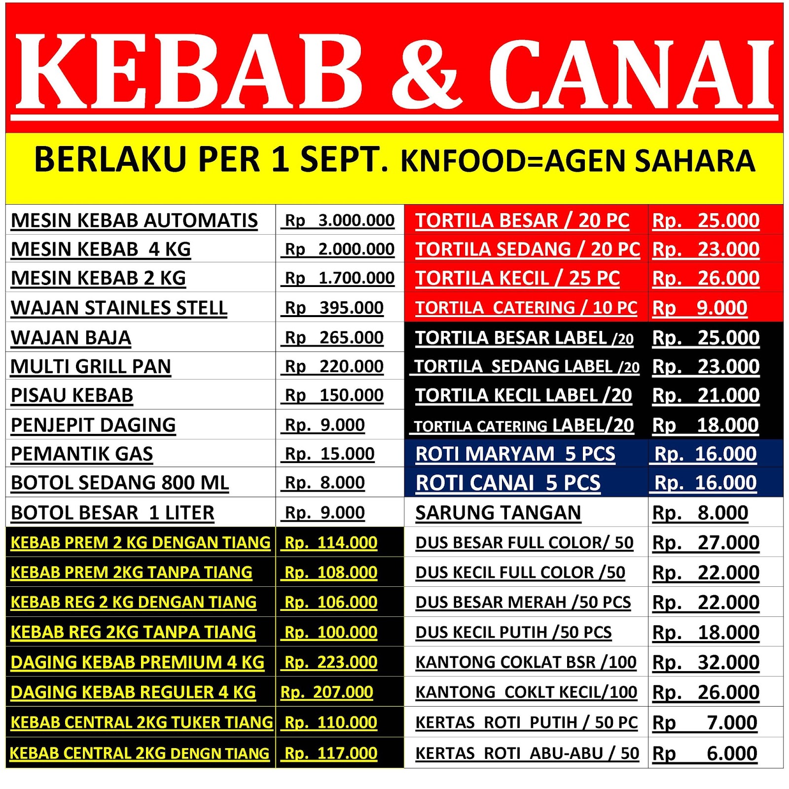 List Harga Produk Kebab | Supplier Bahan Baku Kebab