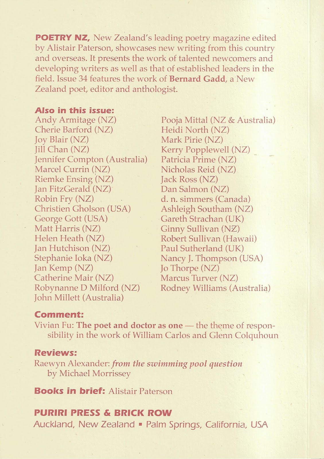 Poetry New Zealand Index: Poetry NZ 34 (2007)