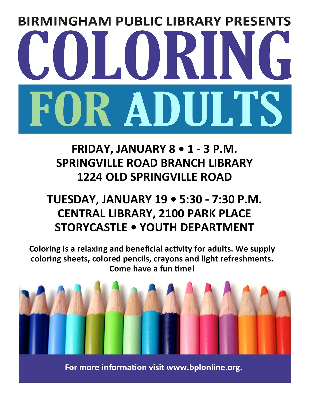 Coloring for Adults Returns to Central Library on January 19