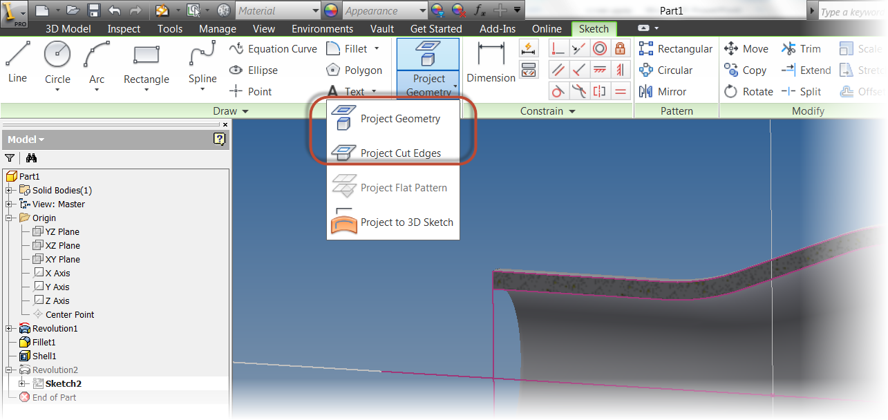 The Project Geometry, and Project Cut Edges tools. Found on the Sketch Tab