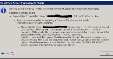 sqlservermantra: %%Failed to Create Availability Group, SQL Server 2014 error 41042 encountered%%%