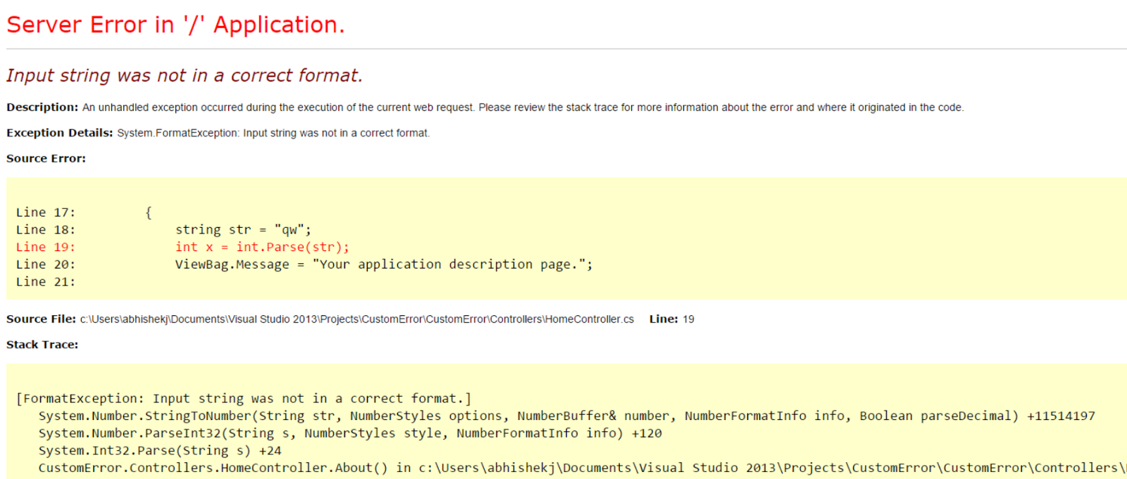 Custom Error And Stack Trace In Mvc