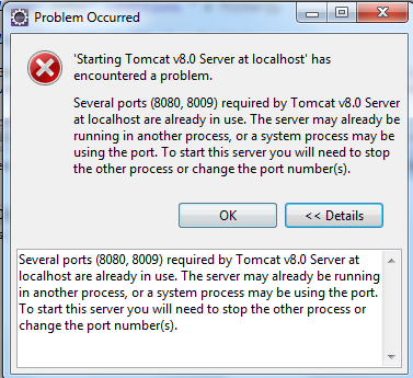Java Code and Solutions: Starting Tomcat v8.0 Server at localhost' has encountered a problem