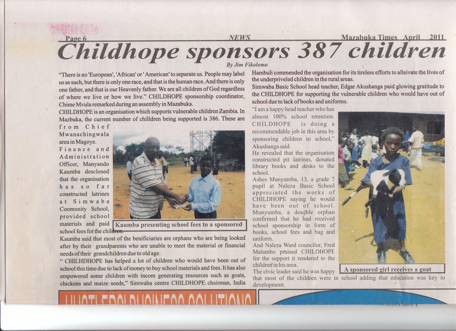 Mwana Hope Zambia: Mazabuka Times April 2011