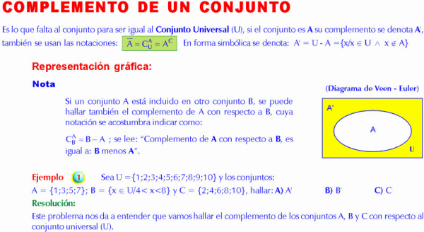 COMPLEMENTO DE UN CONJUNTO EJEMPLOS Y EJERCICIOS RESUELTOS