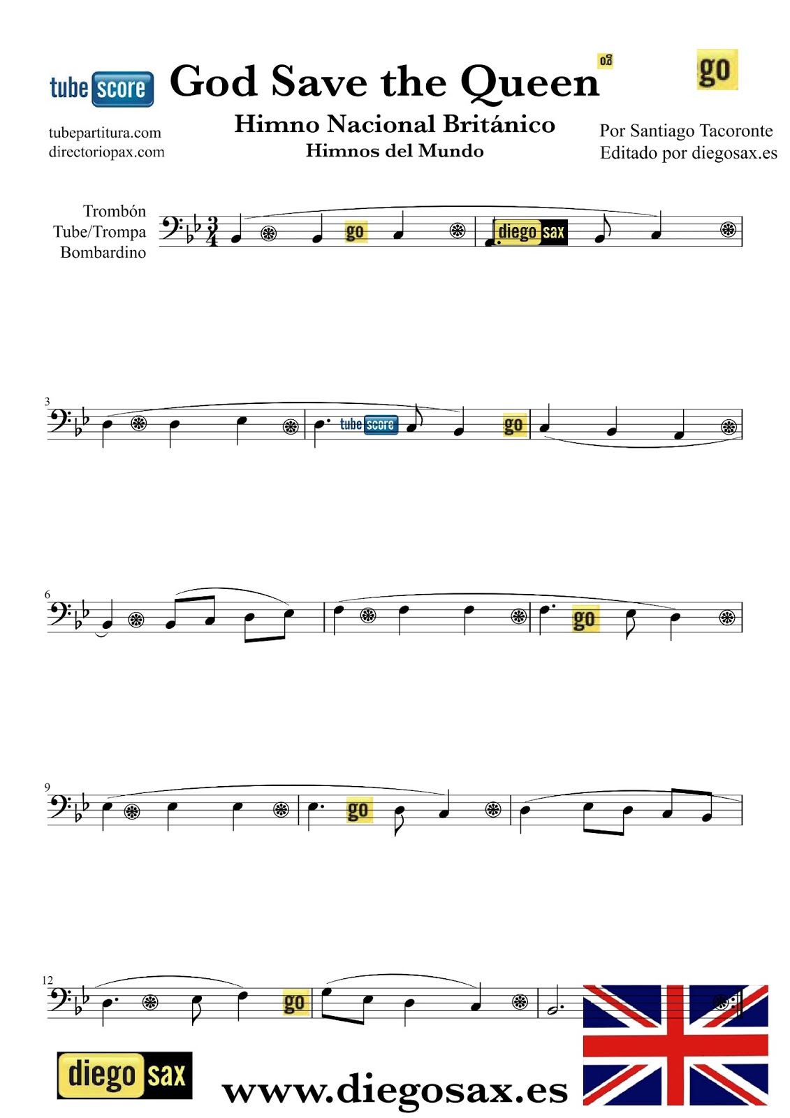 diegosax: Himno Nacional del Reino Unido Partitura para Flauta, Violín, Saxofón Alto, Trompeta ...
