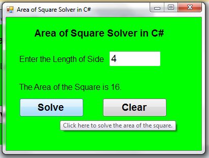 Free Programming Source Codes and Computer Programming Tutorials: Area of Square Solver in C#