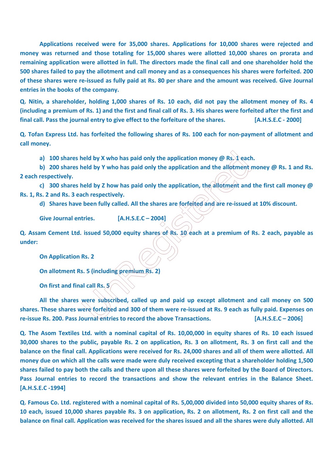 AHSEC - CLASS 12: ACCOUNTING FOR SHARE CAPITAL QUESTION BANK (COVERING ...