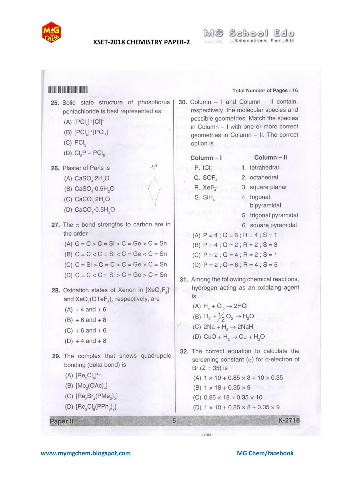 MG SCHOOL SCIENCE: KSET-2018 CHEMICAL SCIENCE QUESTION PAPER