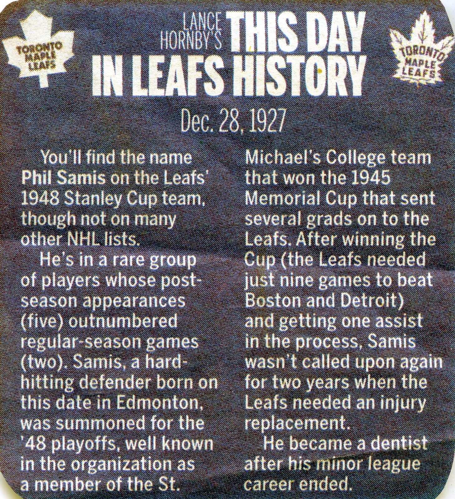Hockey Then & Now: Phil Samis: Marking the Occasion
