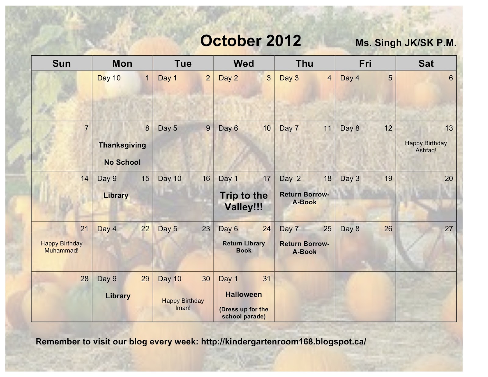 Welcome to Kindergarten: October Calendars