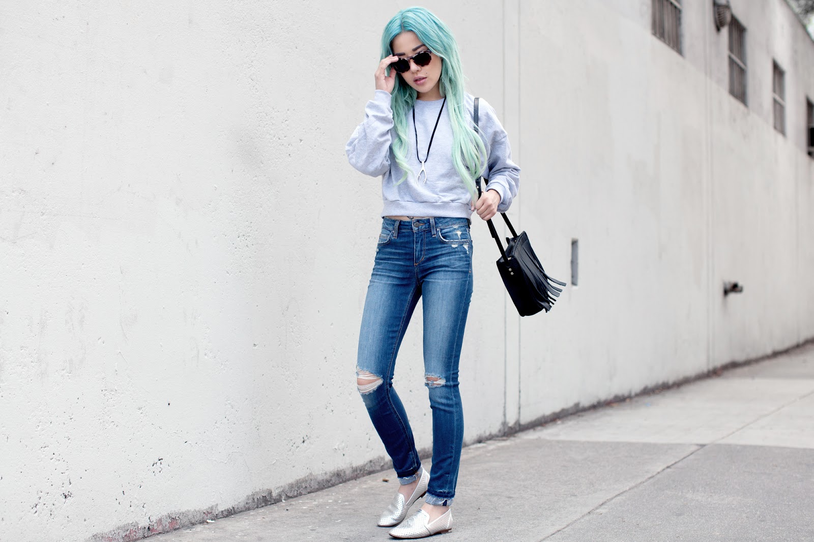 blue jeans, grey sweater | FERAL CREATURE